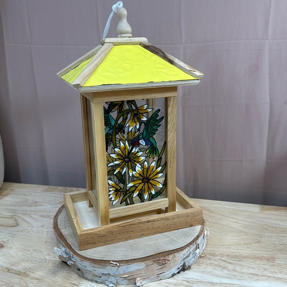 Accents | Bird Feeder Yellow Tin Top Wood Colored Plastic Side Panels ...